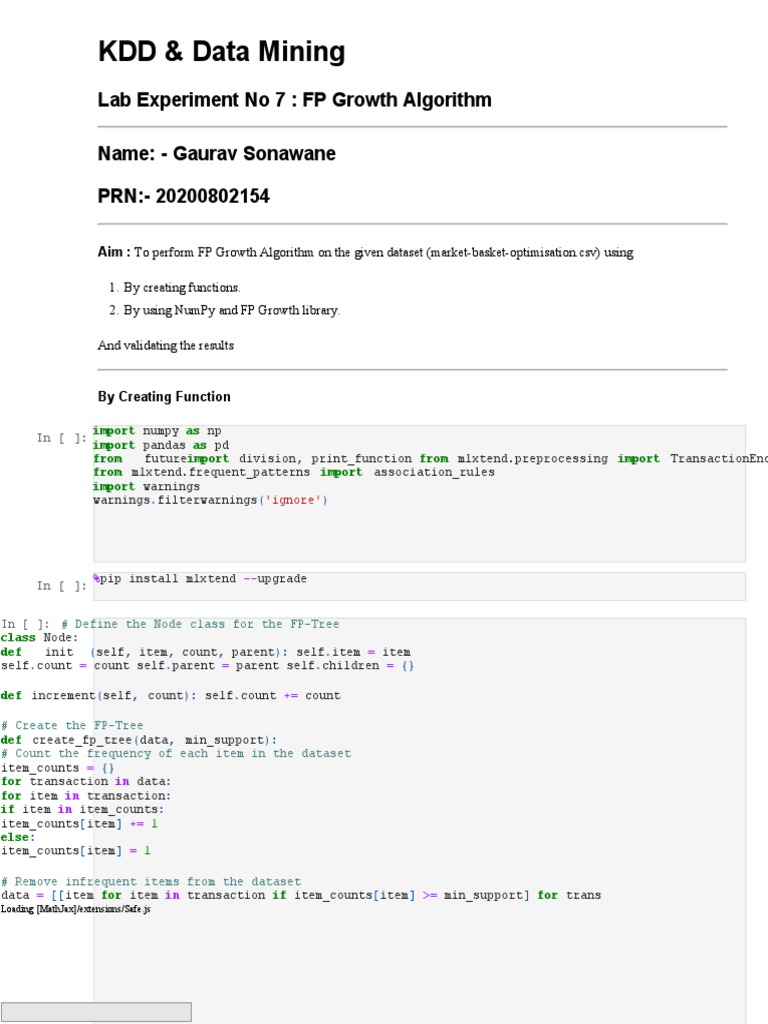 KDD & Data Mining: Lab Experiment No 7: FP Growth Algorithm Name ...