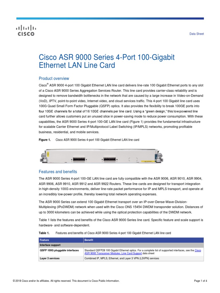 Cisco ASR 9000 Series 4-Port 100-Gigabit Ethernet LAN Line Card Data ...