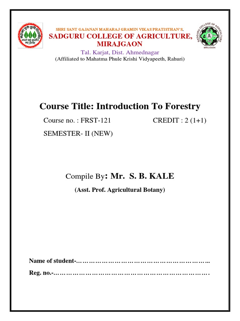 Course Title: Introduction To Forestry: Sadguru College of Agriculture, Mirajgaon | PDF ...