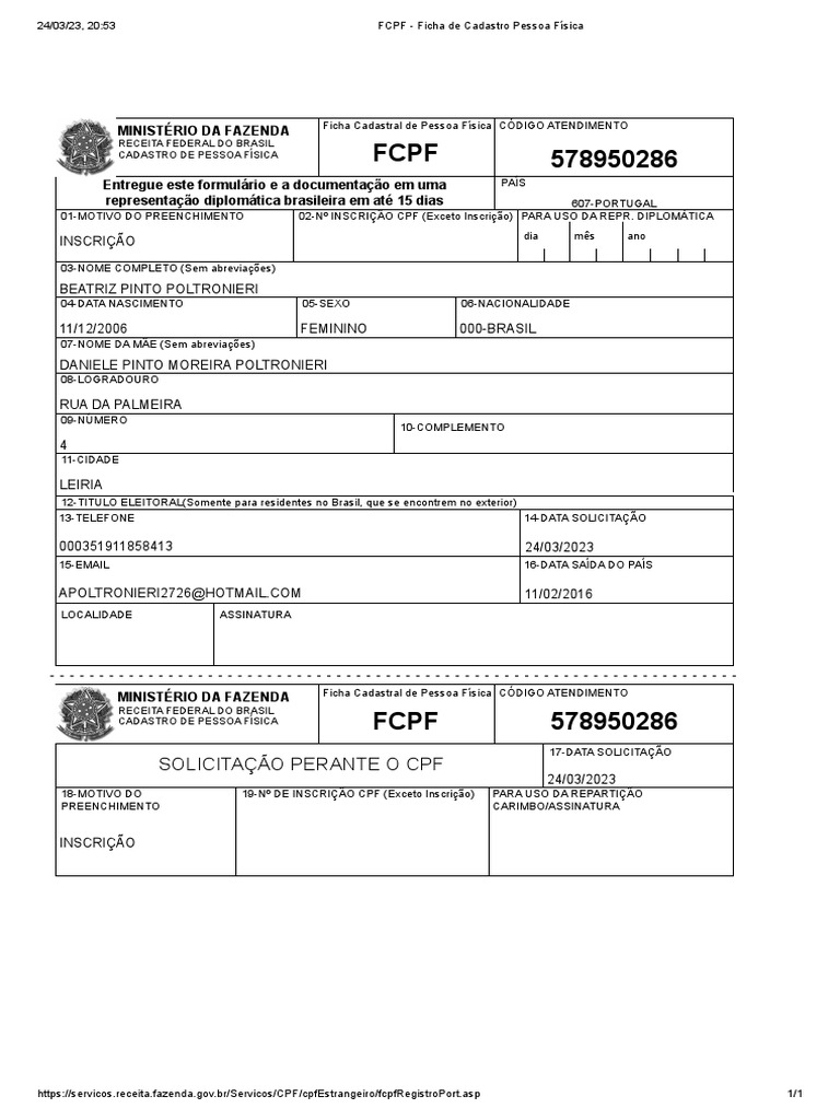 FCPF - Ficha de Cadastro Pessoa Física | PDF | Brasil
