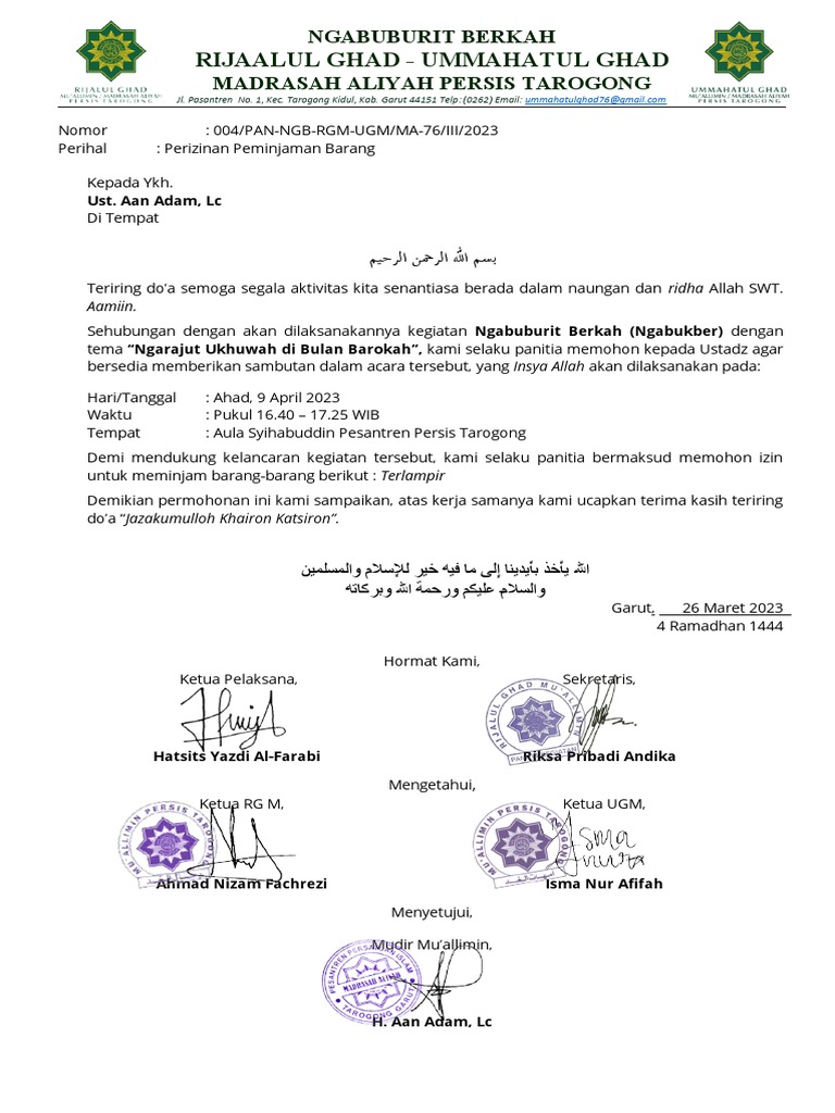 002 Surat Perizinan Peminjaman Tempat Ust Muzammil Pdf