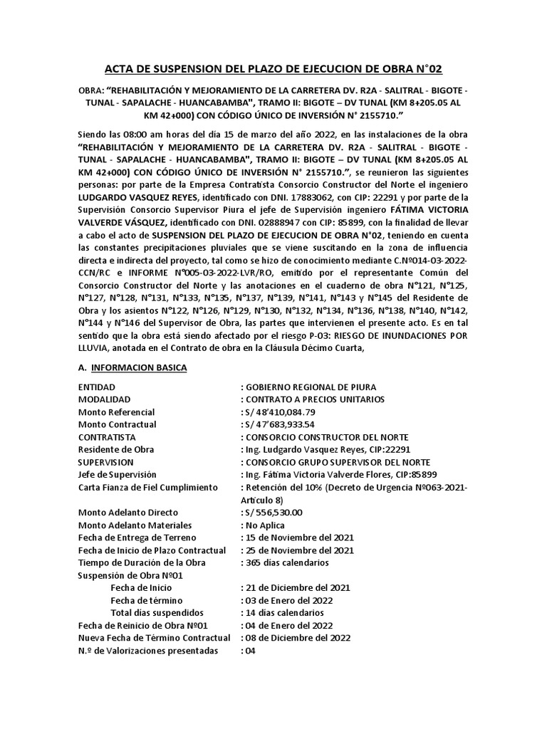 Acta de Suspension Del Plazo de Ejecucion de Obra N°02 - Piura | PDF | Precipitación | Transporte