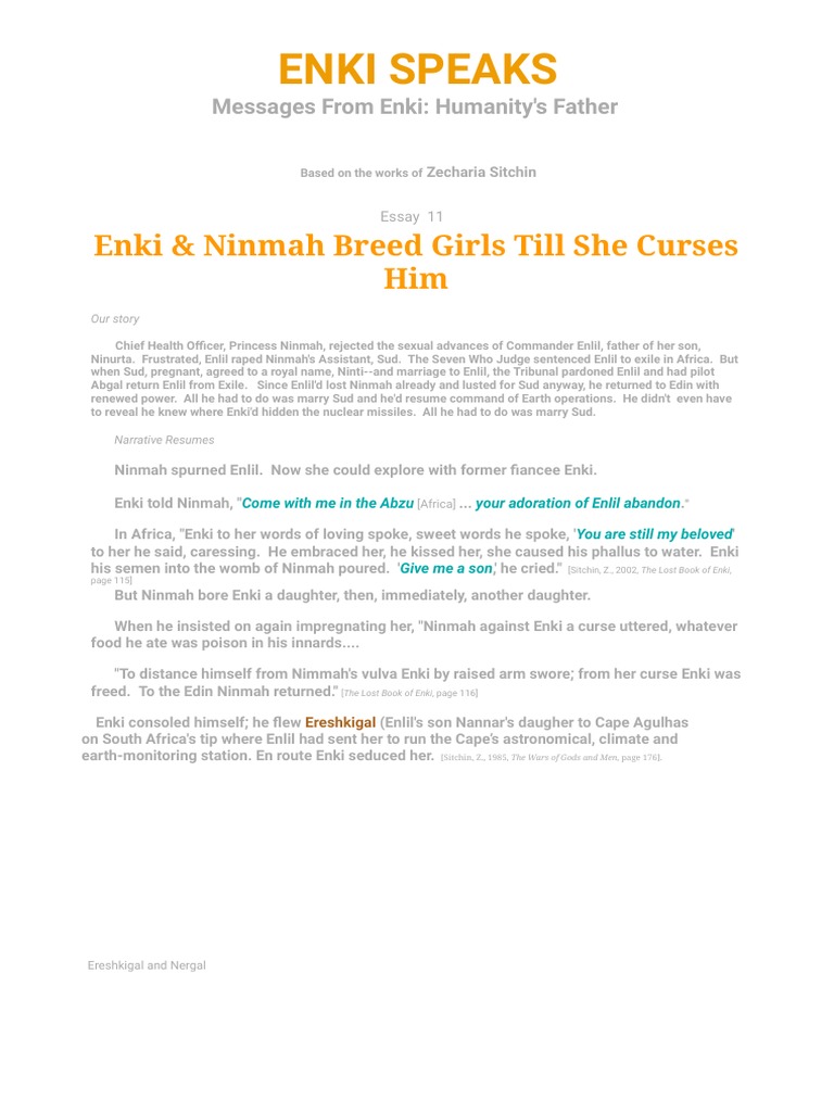 Enki Speaks: Enki & Ninmah Breed Girls Till She Curses Him | PDF | Zecharia Sitchin | Deities