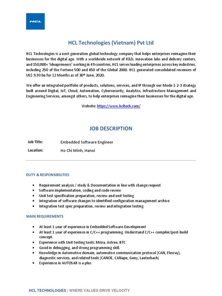 HCL Technologies (Vietnam) PVT LTD: Embedded Software Engineer Ho Chi Minh, Hanoi | PDF ...