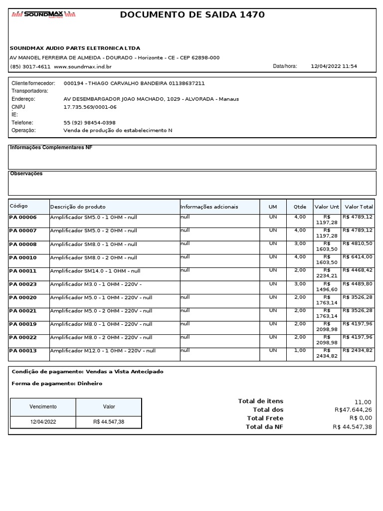 Documento - Saida - THIAGO CARVALHO PDF | PDF