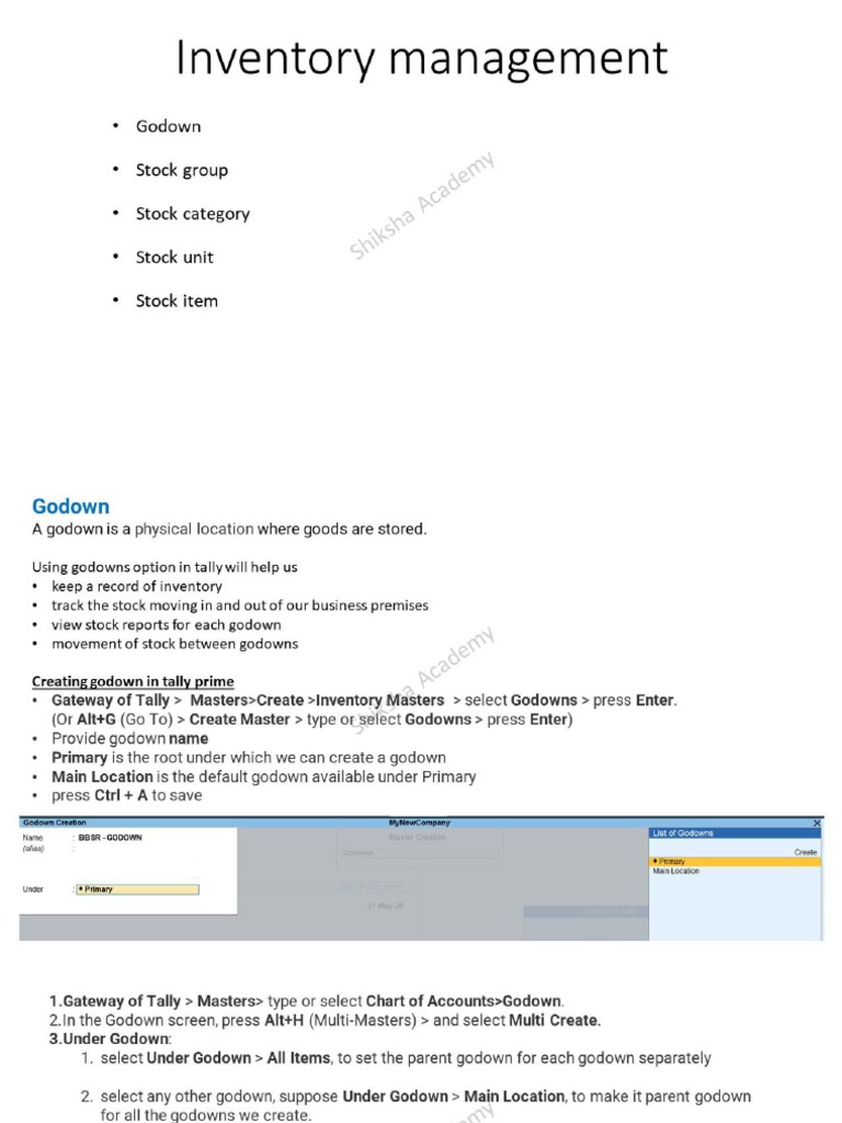 Tally ch5 Godown, Stock Group, Category, Unit, Item Print | PDF