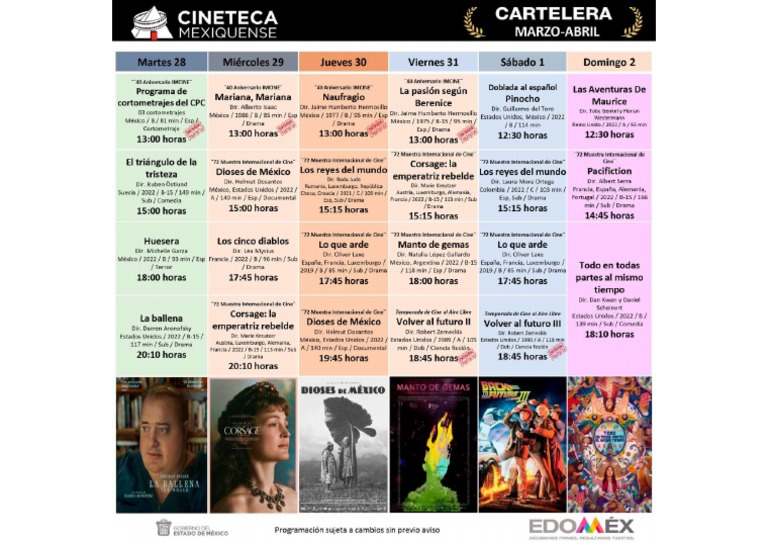 Cartelera Cineteca Mexiquense 27 Marzo Al 2 Abril | PDF