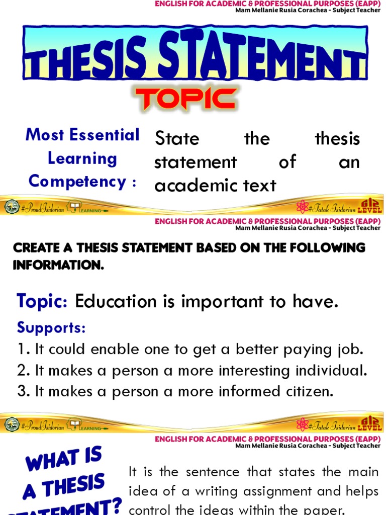 EAPP - Q1 - Lesson 1D - Thesis Statement | PDF | Essays | Thesis