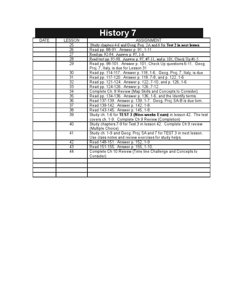 History 7 Lesson Assignments Guide | PDF | Teaching Methods & Materials