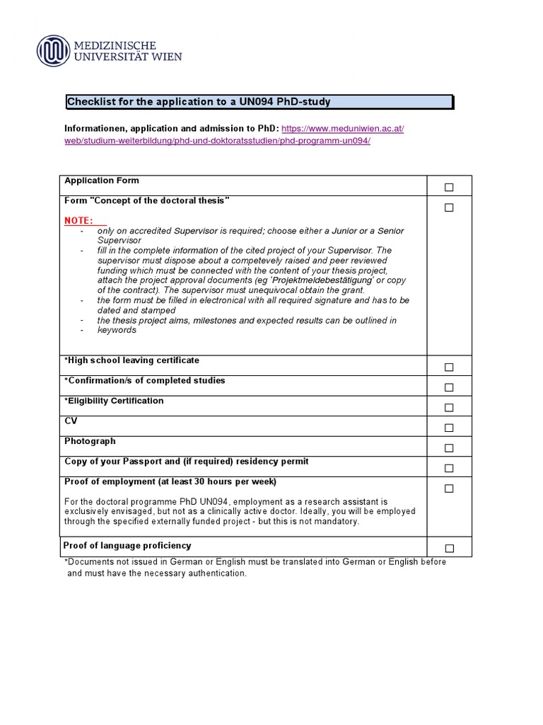 UN094 PhD Application Checklist | PDF
