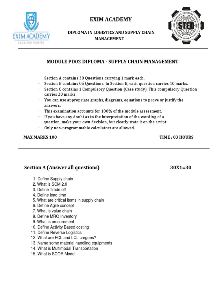 Supply Chain Management New - 100 Marks Question Paper | PDF