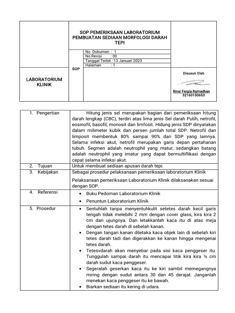 Sop Pemeriksaan Laboratorium Pembuatan Morpologi Darah Tepi | PDF
