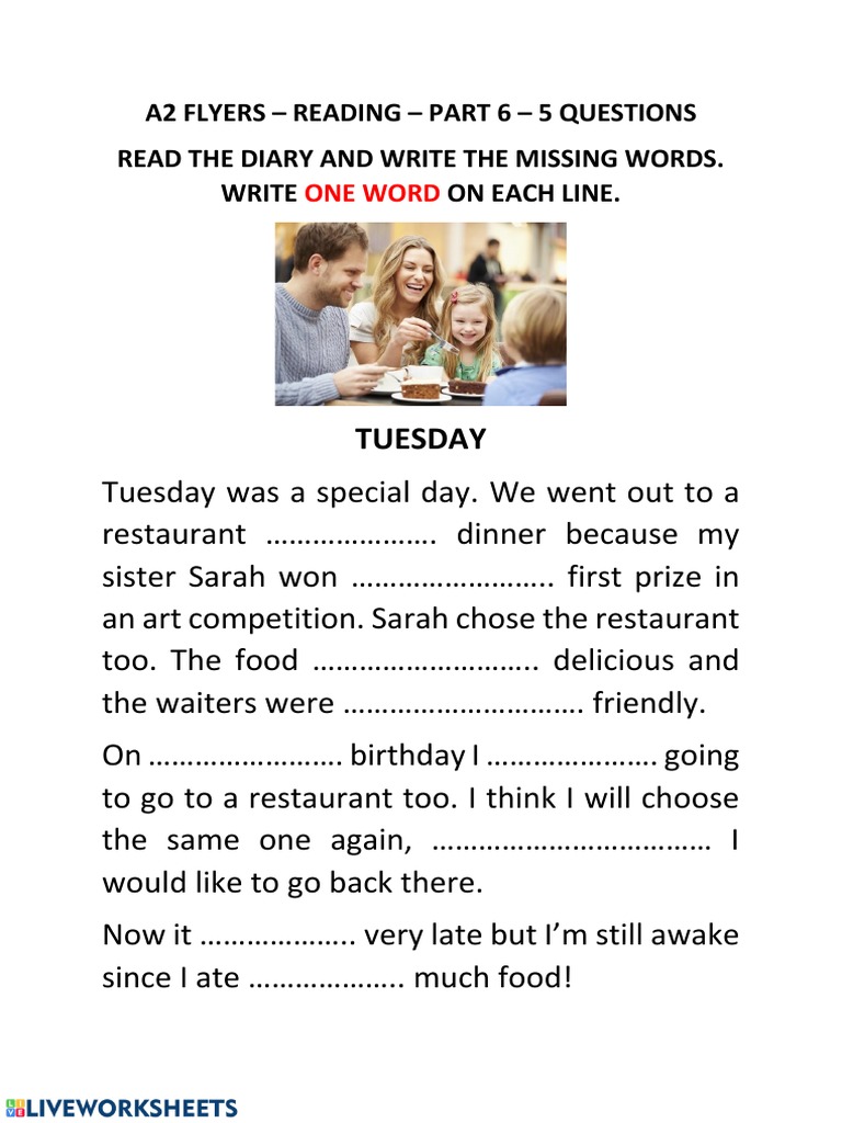 Tuesday: A2 Flyers - Reading - Part 6 - 5 Questions Read The Diary and Write The Missing Words ...