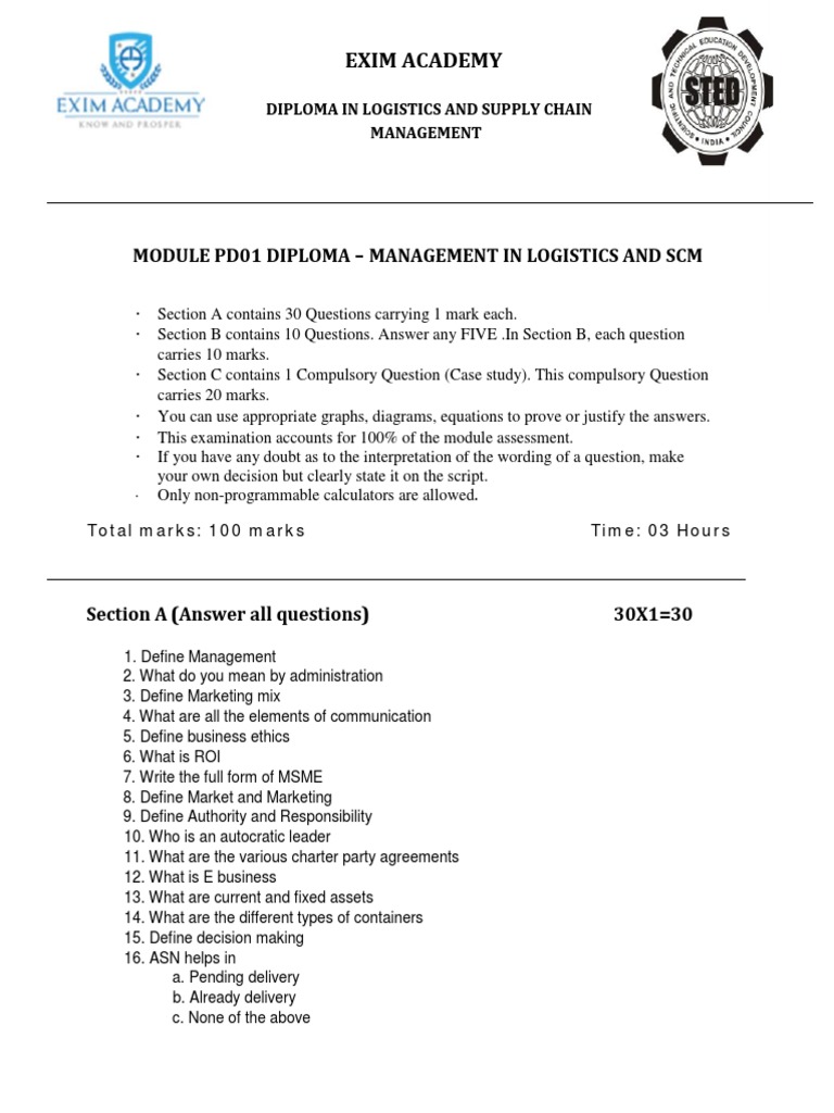 Management in Logistics and SCM New - 100 Marks Question Paper | PDF ...