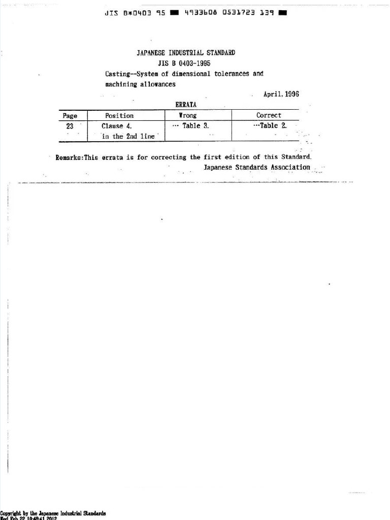PDF Jis b0403 Casting System of Dimensional Toleraces and Machining ...