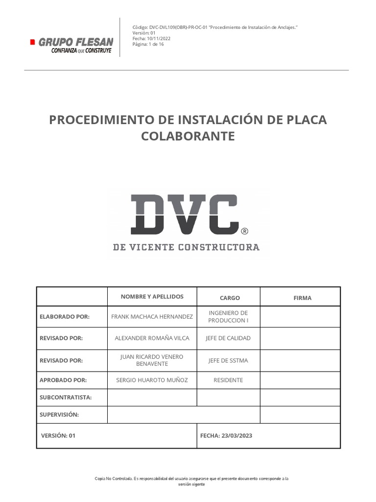 DVC Procedimiento de Instalacion de Placa Colaborante | PDF | Hormigón | Perforación
