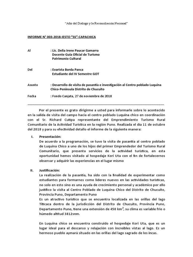 Informe Evarista LUQUINA LIC DELIA | PDF | Turismo