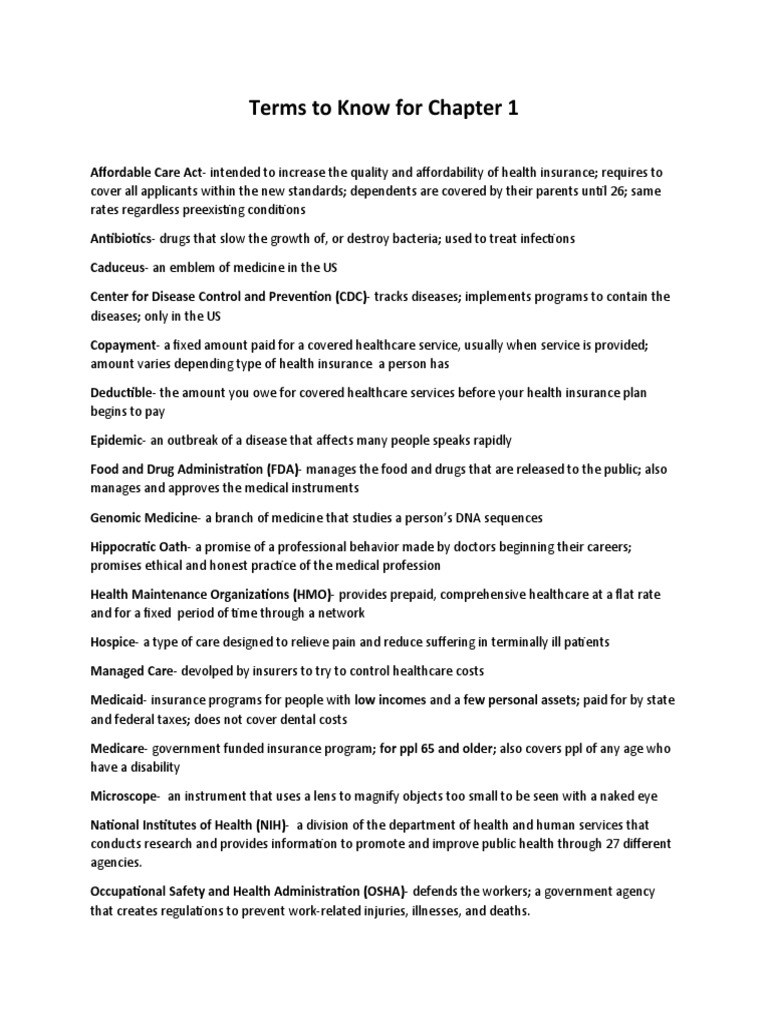 Key Terms and Definitions for Chapter 1: An Introduction to Healthcare ...