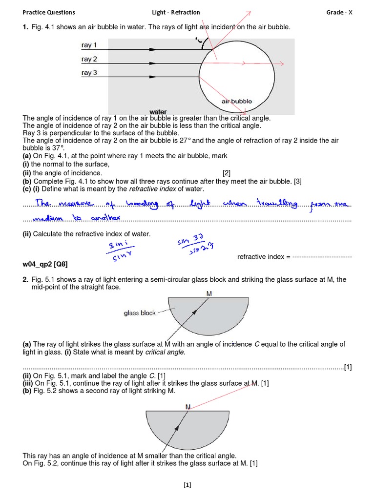 Refraction Practice Questions for Grade X | PDF | Refraction | Physical ...
