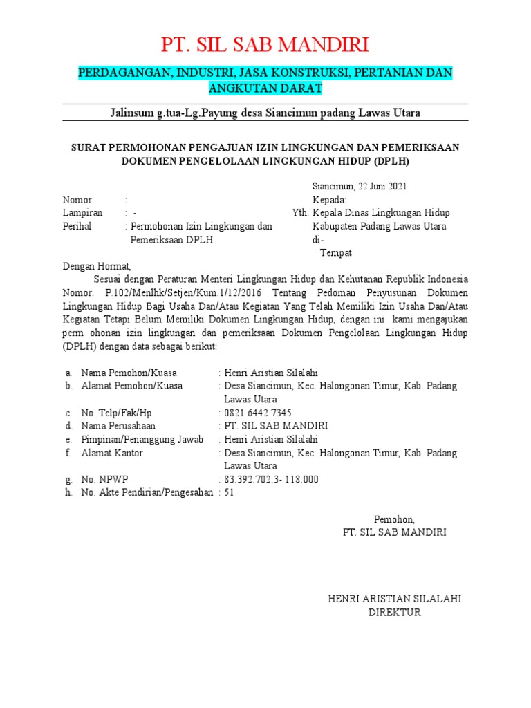 SURAT PERMOHONAN PENGAJUAN IZIN LINGKUNGAN DAN PEMERIKSAAN DOKUMEN ...