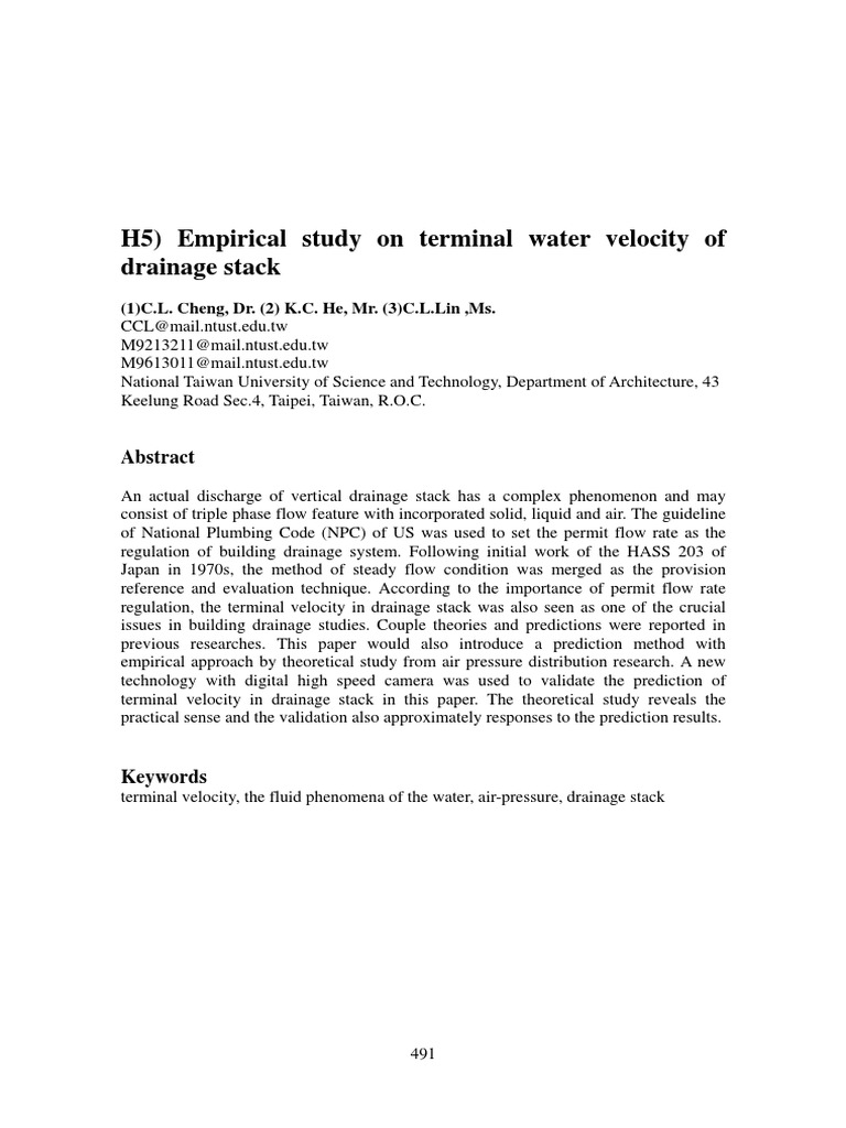 Empirical Study On Terminal Water Velocity of Drainage Stack - C.L ...