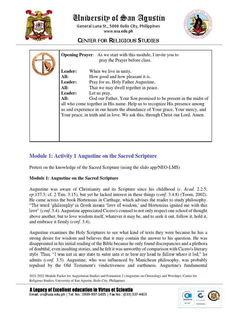 University of San Agustin: Module 1: Activity 1 Augustine On The Sacred ...