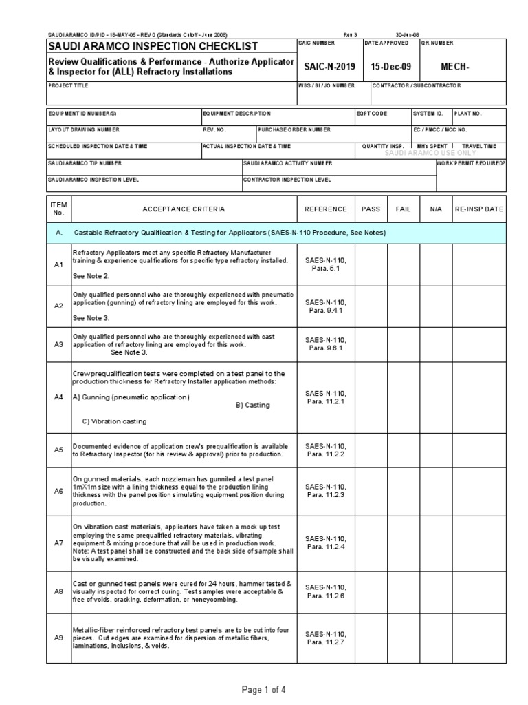 Saudi Aramco Inspection Checklist | PDF | Refractory | Materials