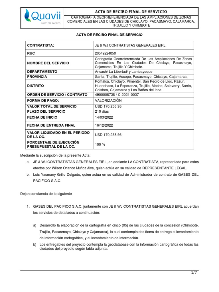 Acta de Recibo Final de Servico - Cartografia Inf. Predial GDP - JE&WJ PDF | PDF | Datos ...