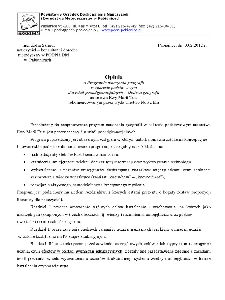 Opinia o Programie Nauczania Oblicza Geografii ZP | PDF