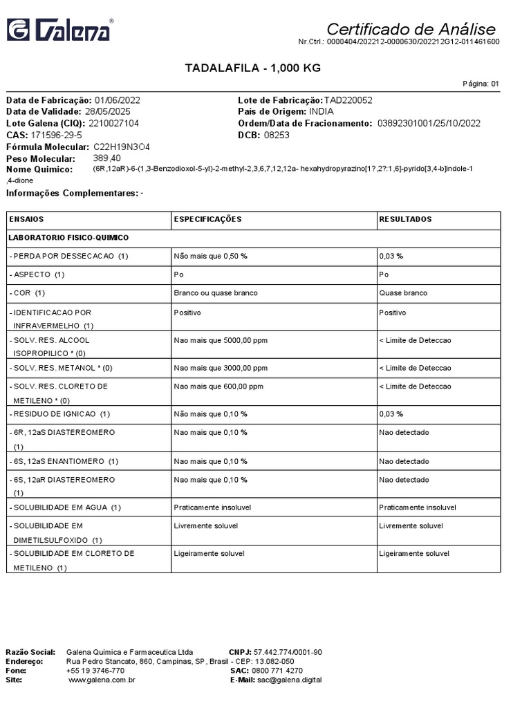 Tadalafil - Laudo | Download grátis PDF | Química Física | Metrologia