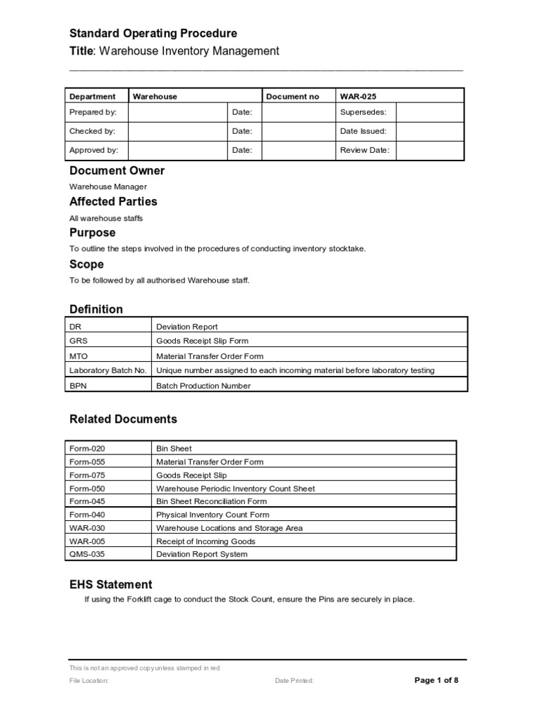 Warehouse Inventory Control SOP | PDF | Inventory | Warehouse