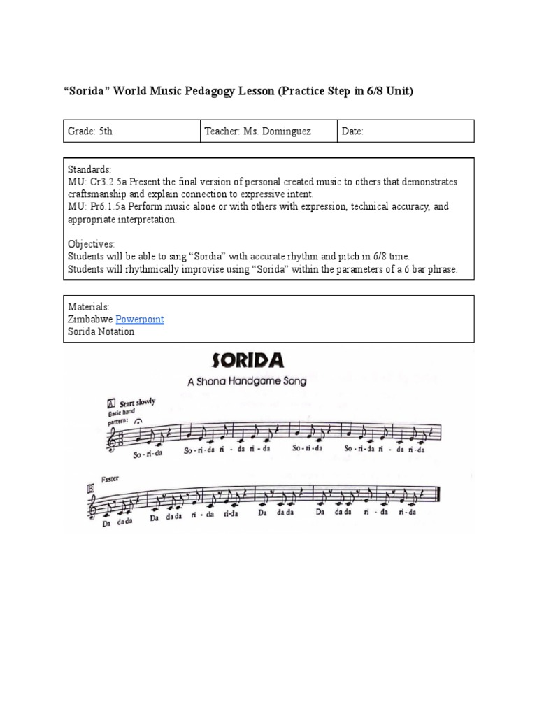 "Sorida" World Music Pedagogy Lesson (Practice Step in 6/8 Unit) | PDF ...