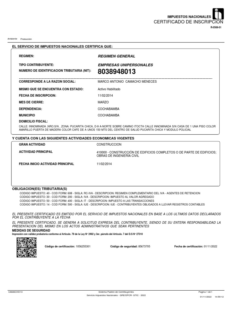 Certificado de inscripción tributaria de Marco Antonio Camacho Menecas ...