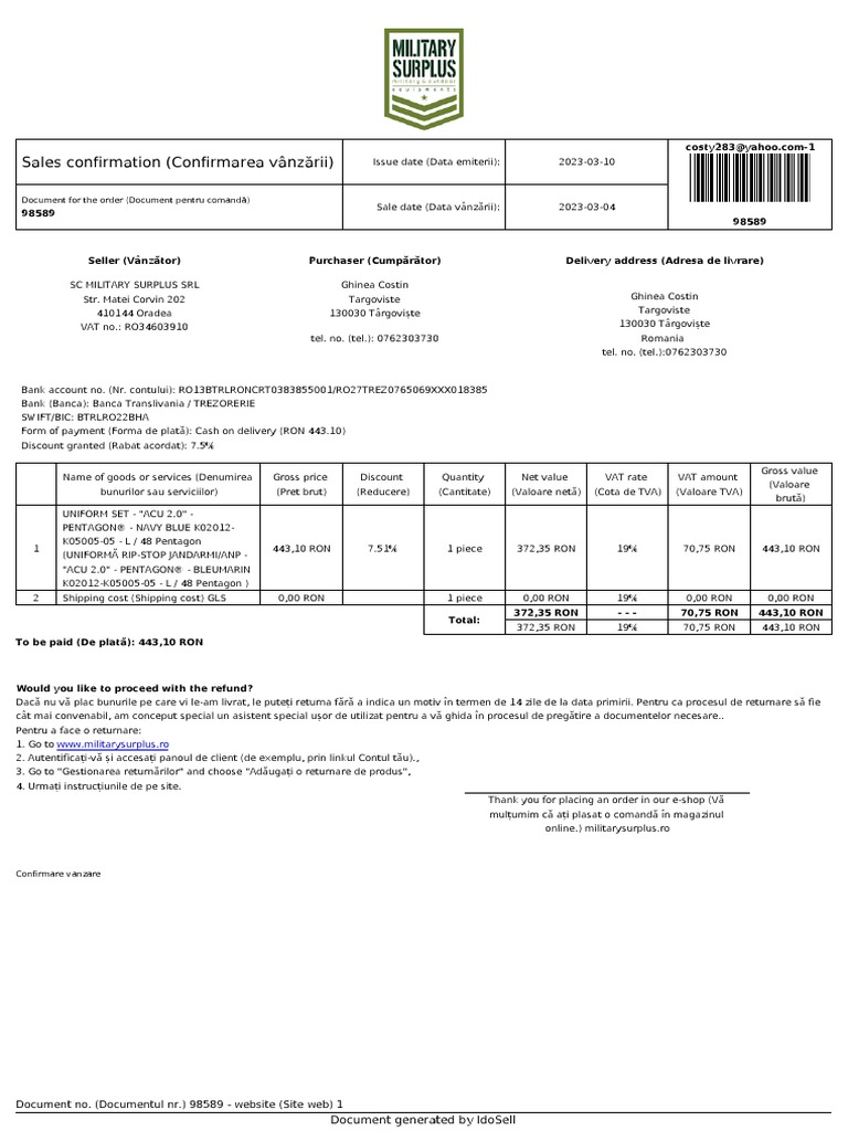 Potwierdzenie Sprzedazy NR | PDF