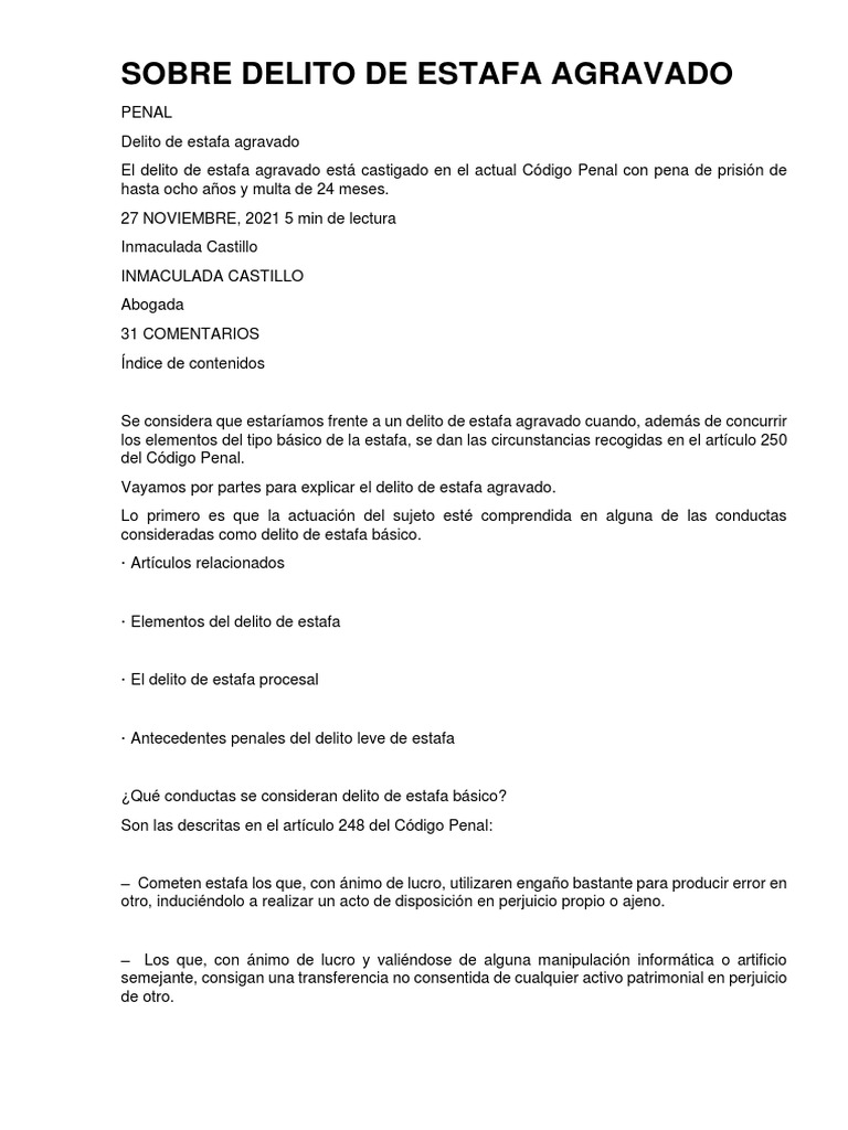 Delito de Estafa Agravada: Penalidades | PDF | Trucos de confianza ...