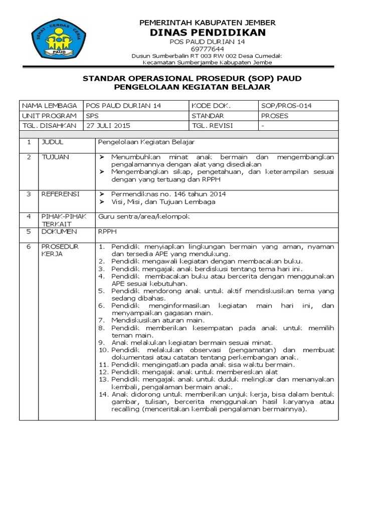 14 Sop Paud Pengelolaan Kegiatan Belajar | PDF