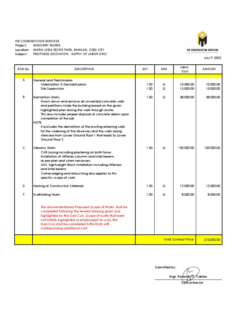 PM Construction Services Masonry Works Proposed Quotation - Supply of ...