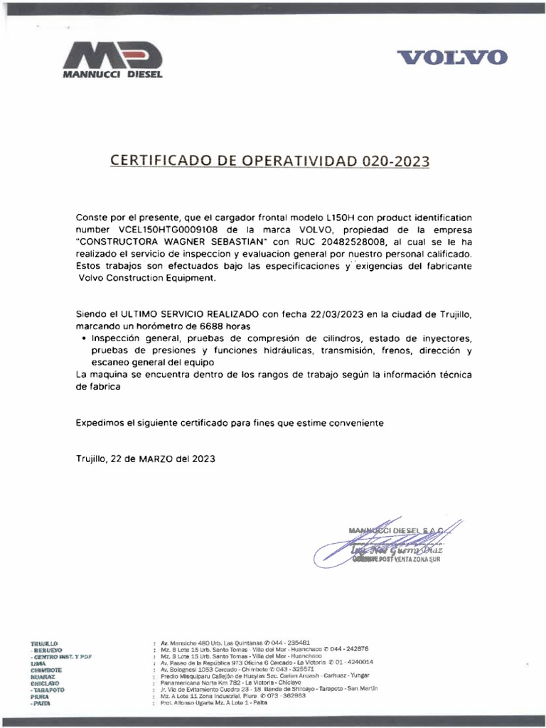 Certificado de Operatividad Cargador N°06 | PDF