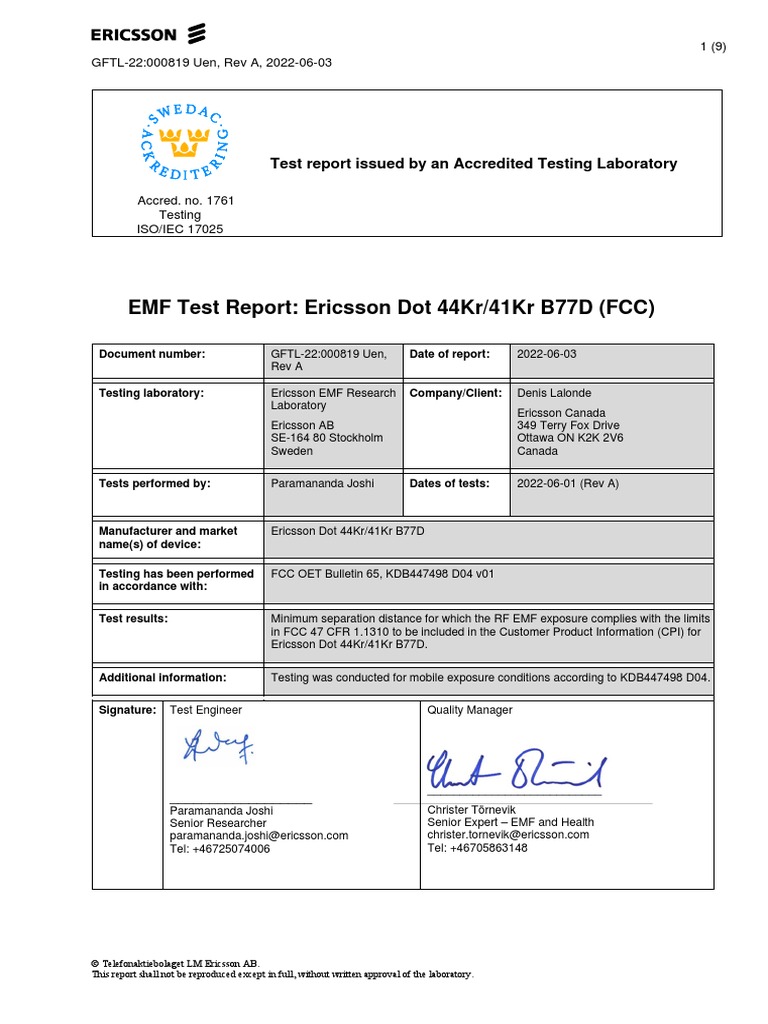 EMF Test Report - Ericsson Dot 44Kr - 41Kr B77D (FCC) | PDF | Antenna ...