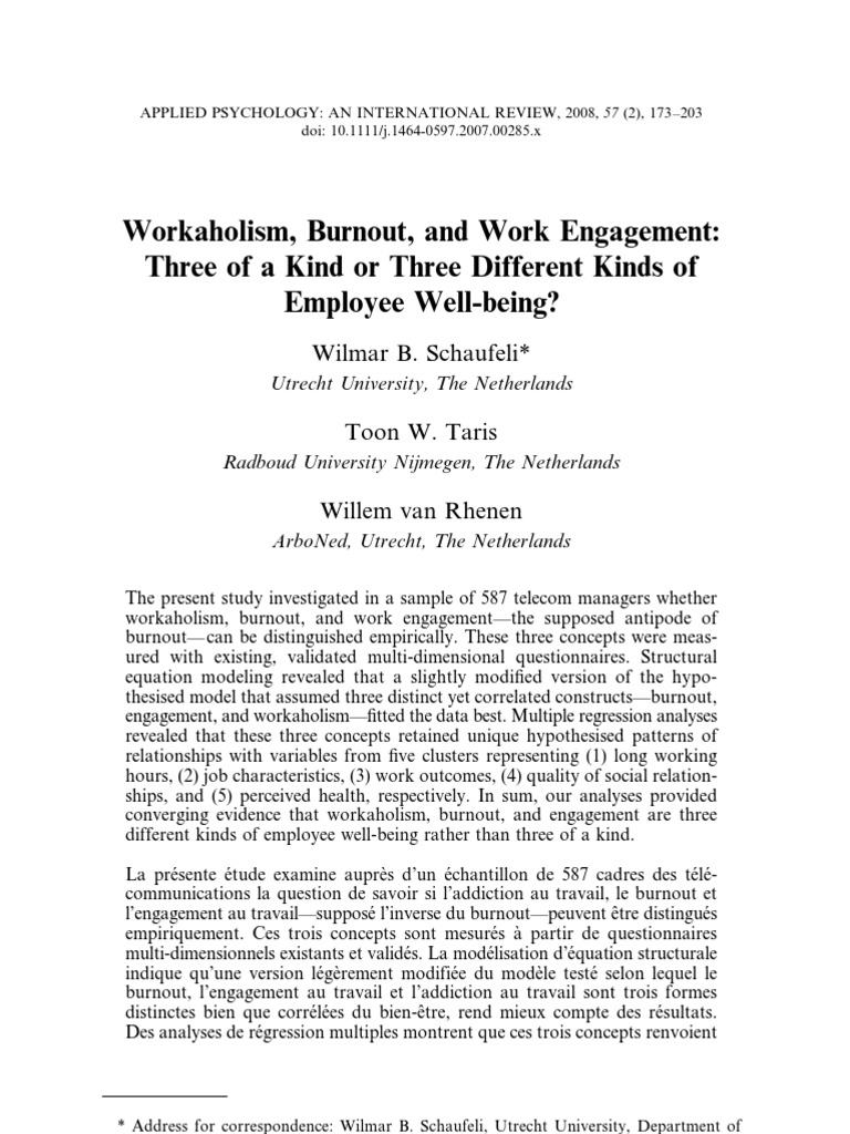 Workaholism Burnout and Work Engagement | PDF