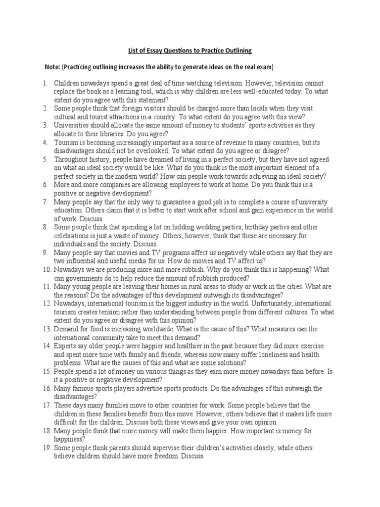 List of Essay Questions to Practice Outlining | PDF | Essays | Reason