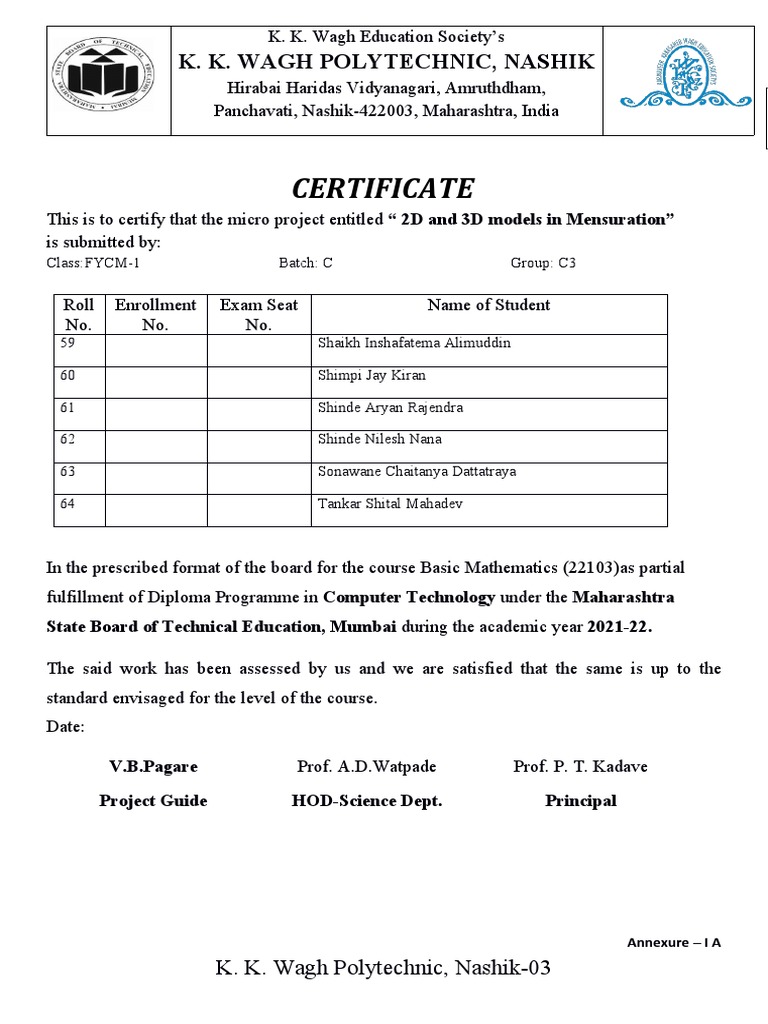 Certificate: K. K. Wagh Polytechnic, Nashik | PDF | Specification (Technical Standard) | Prototype
