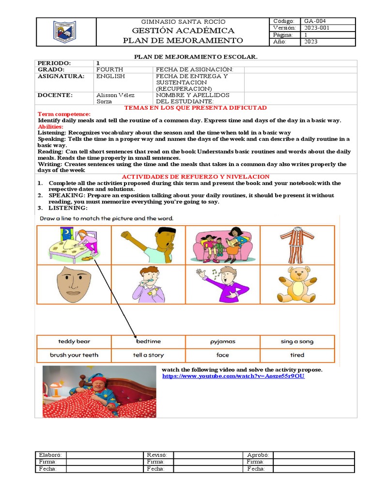 Plan de Mejoramiento Cuarto | PDF