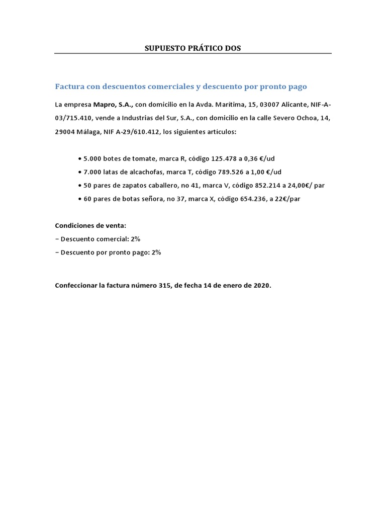 Factura Con Descuentos Comerciales y Descuento Por Pronto Pago | PDF