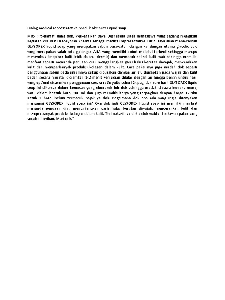 Dialog Medical Representative Produk Glysorex Liquid Soap | PDF