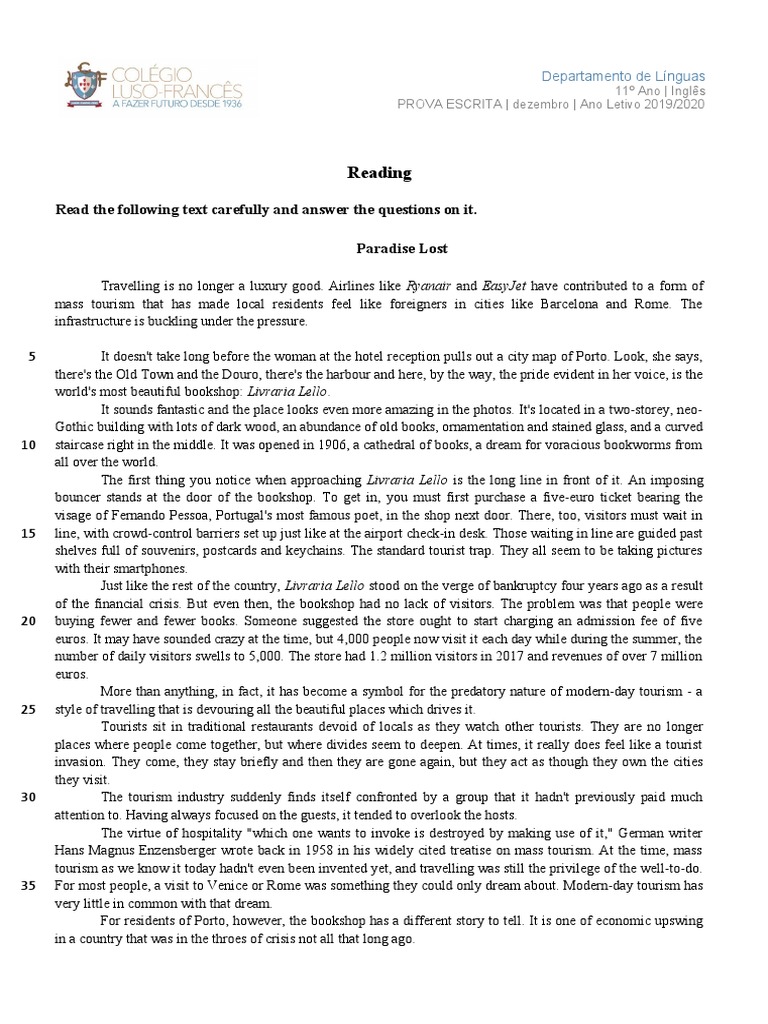 Reading: Read The Following Text Carefully and Answer The Questions On It. Paradise Lost | PDF ...