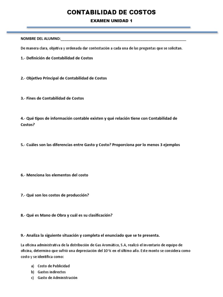 Examen Unidad 1 | PDF | Costo | Contabilidad de costos
