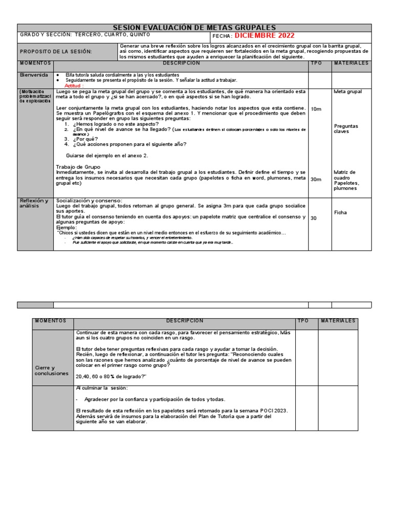 Sesion Evaluación de Metas Grupales Diciembre 2022 | PDF | Aprendizaje