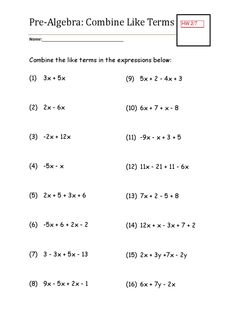 Pre-Algebra Combining Like Terms WS#1 | PDF