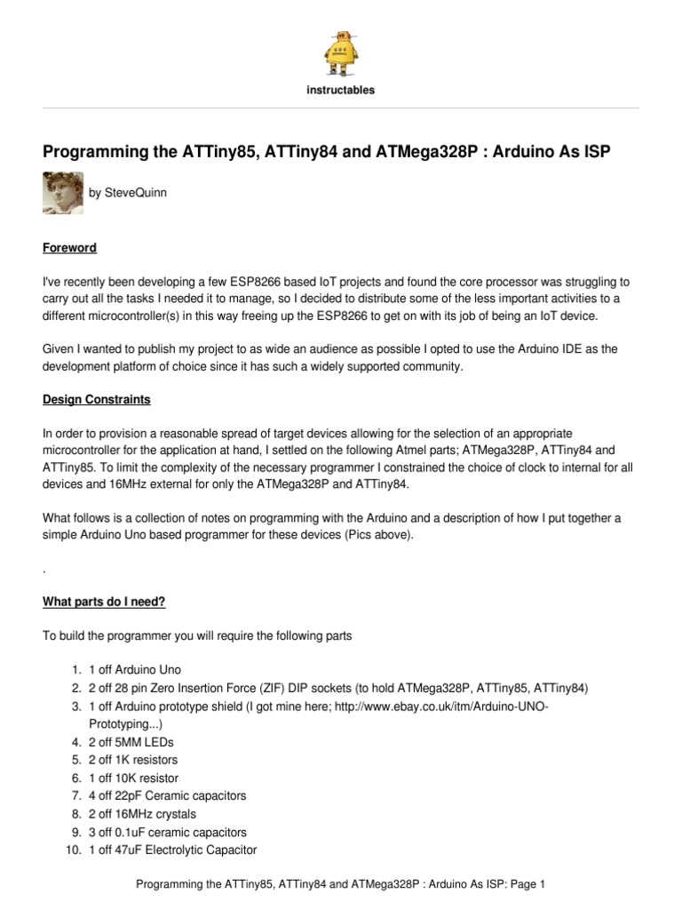 Programming The ATTiny85 ATTiny84 and ATMega328P A | PDF | Arduino | Integrated Circuit